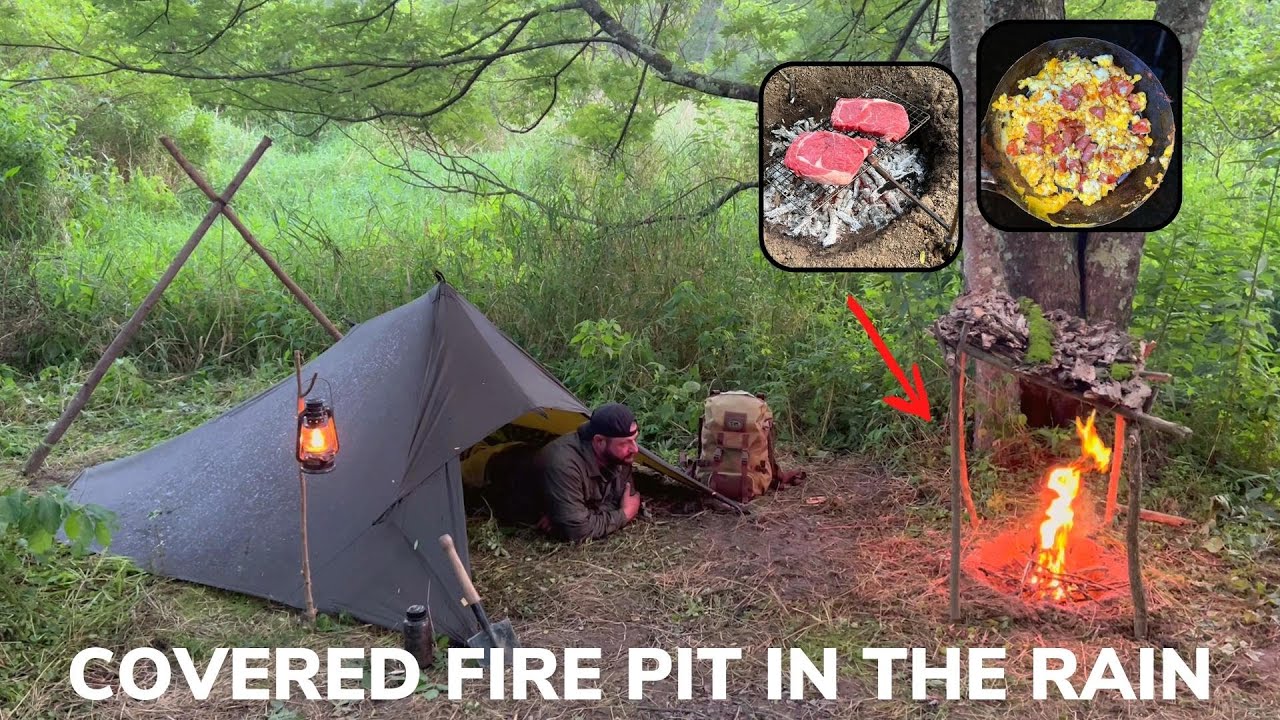Solo Overnight Building A Tarp Tent And Covered Firepit In The Rain And ...