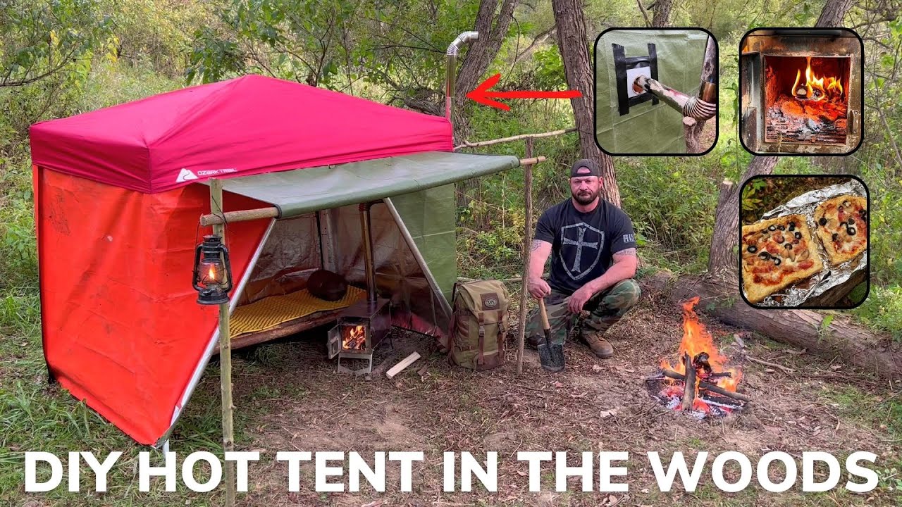Solo Overnight Building A DIY Emergency Hot Tent In The Woods And Bacon ...
