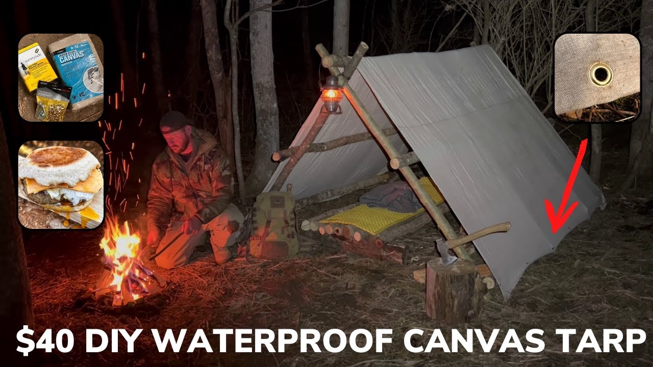 Solo Overnight Making A DIY Waterproof Canvas Tarp For $40 In The Rain ...